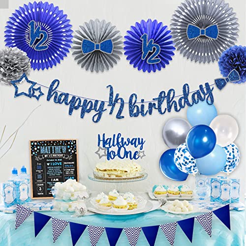 Half Birthday Decorations Baby Boy, Hombae 1/2 Birthday Boy Decorations Supplies, 6 Months Birthday Decorations Boy, Blue Glitter Half Birthday Banner with Triangle Flag Banner, 1/2 Birthday Hat Crown with Blue Bow Tie, Halfway to One Cake Topper, Blue Gr