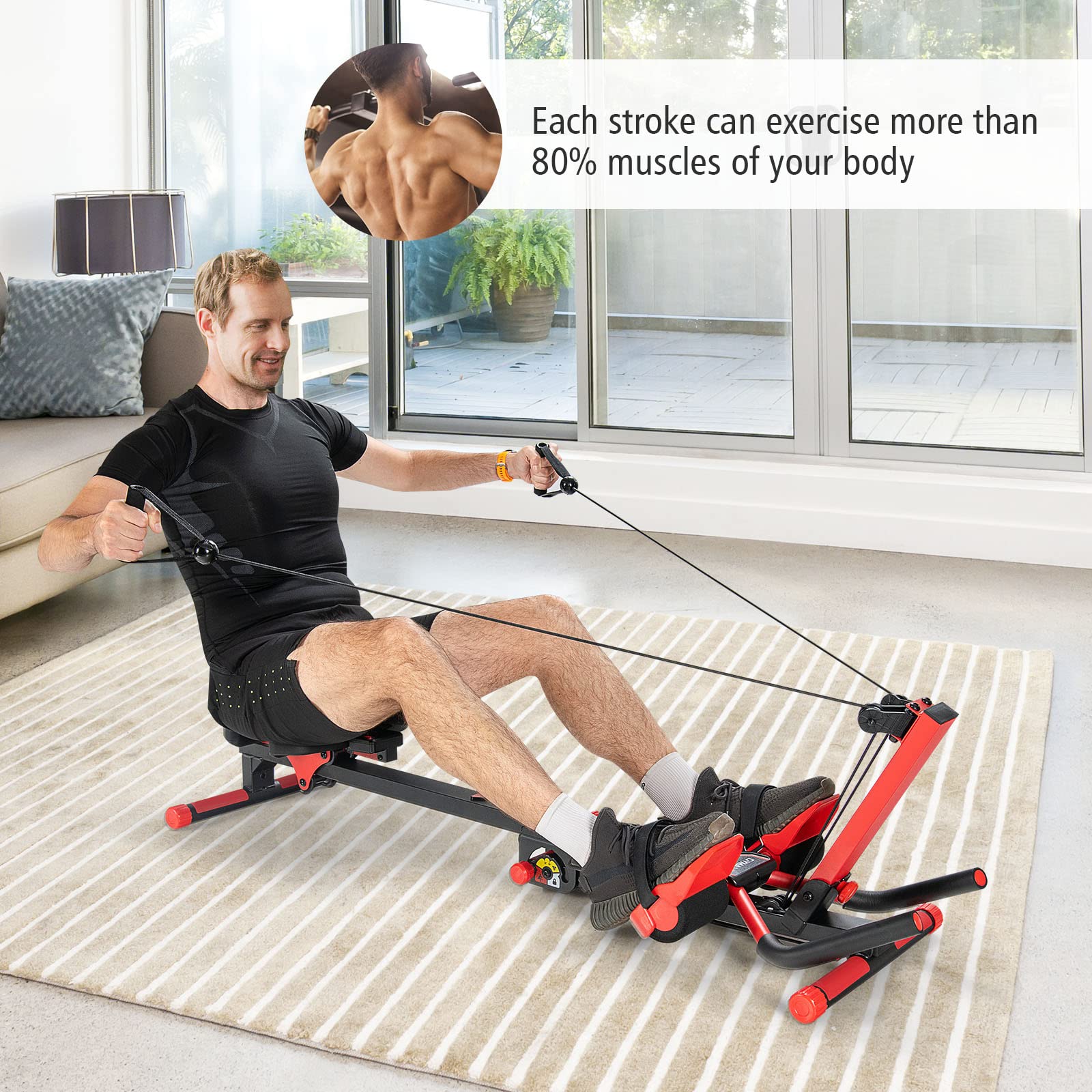 GYMAX 4 in 1 Rowing Machine, Adjustable Ab Machine with Resistance Bands, Multifunctional Rower Abdominal Fitness Equipment Whole Body Workout Machine for Home Gym