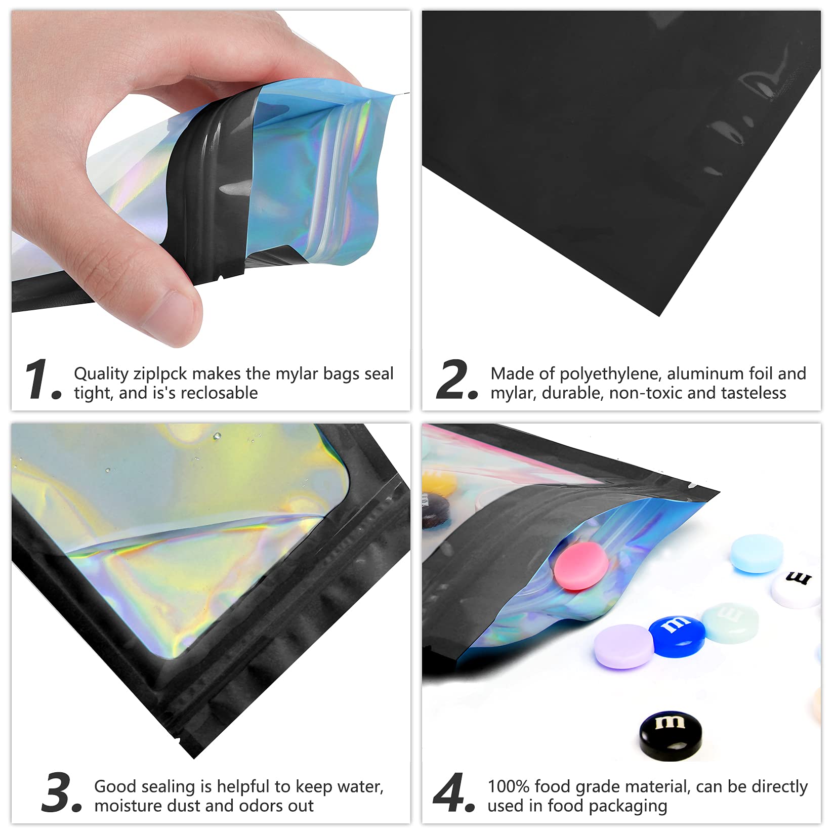 Funfery 100 pcs Mylar Holographic Resealable Odor Proof Foil Pouch Bags for Food, Lipgloss, Jewelry, Eyelash Packaging - 3x4.7 Inch