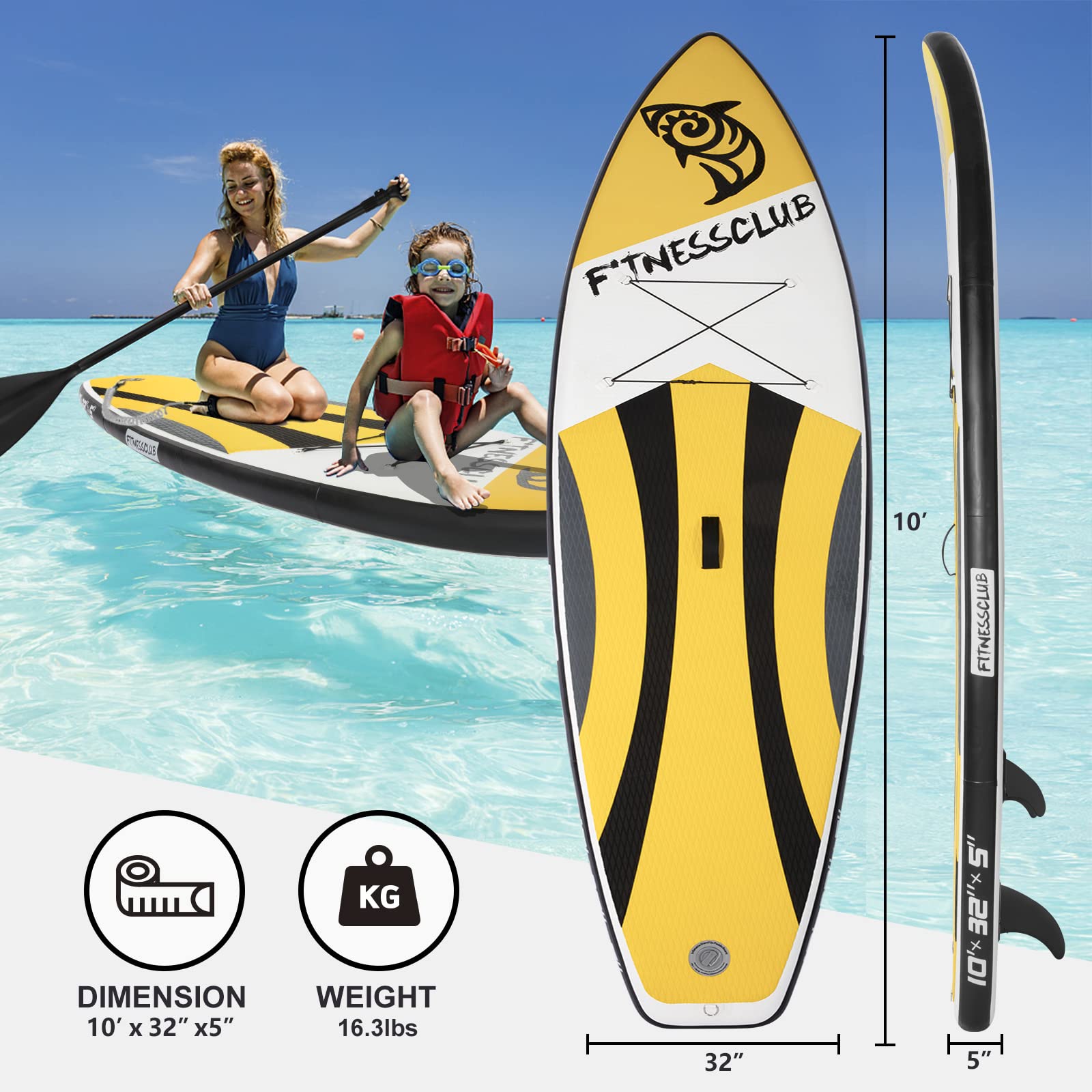 Fitnessclub 10'x32''x5'' Inflatable Stand Up Paddle Board,Yoga Board,Camera Seat, Floating Paddle with SUP Accessories, Adjustable Paddle,10L Waterproof Bag,Pump, Backpack for Youth Adult(Yellow)