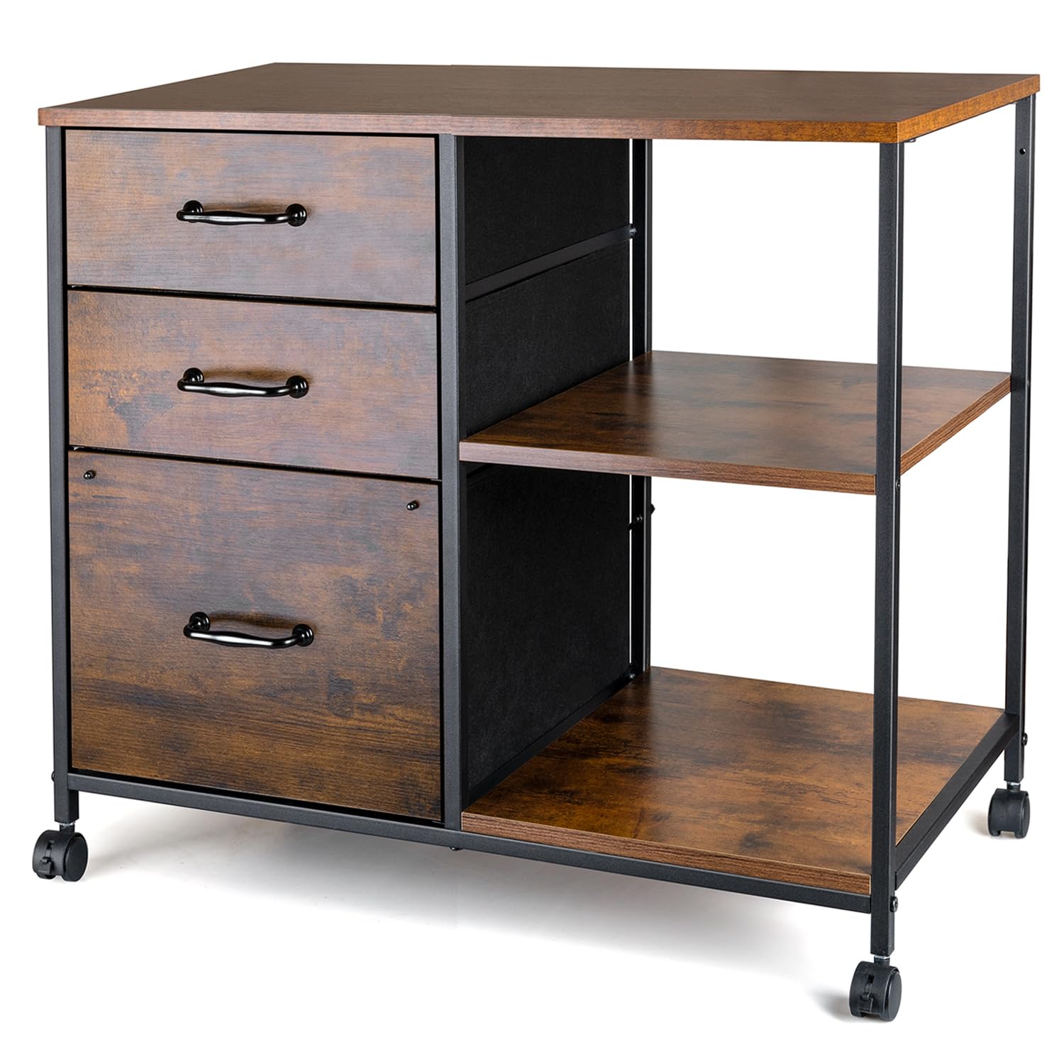 Finnhomy 3-drawer Mobile File Cabinet for Home Office, Fabric Lateral Filing Cabinet with Wooden Board, Printer Stand with Open Storage Shelves fits A4 or Letter Size