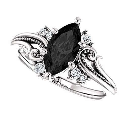 Filigree Black Marquise Ring White Gold, Floral Marquise Shape Onyx Black Simulated Diamonds Engagement Ring, Woodland Black Marquise Proposal Ring, Twig Leaf Ring (7)