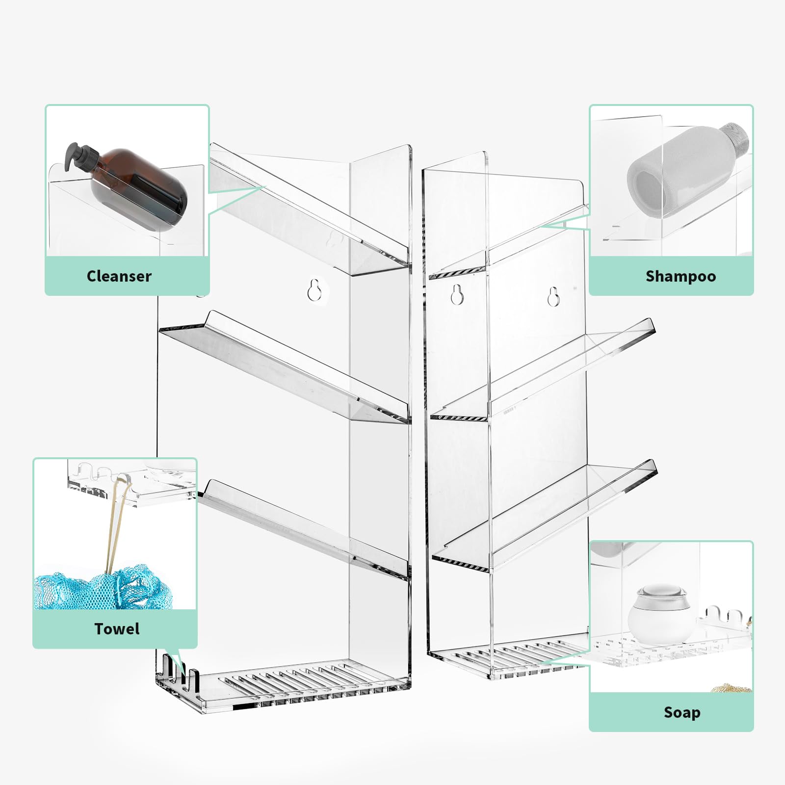 VEOFEMLEA Acrylic Shower Caddy Bathroom Organizer, Wall Mounted Clear Shampoo Holder, Shower Organizer, No Drilling and Rustproof(2 pack)