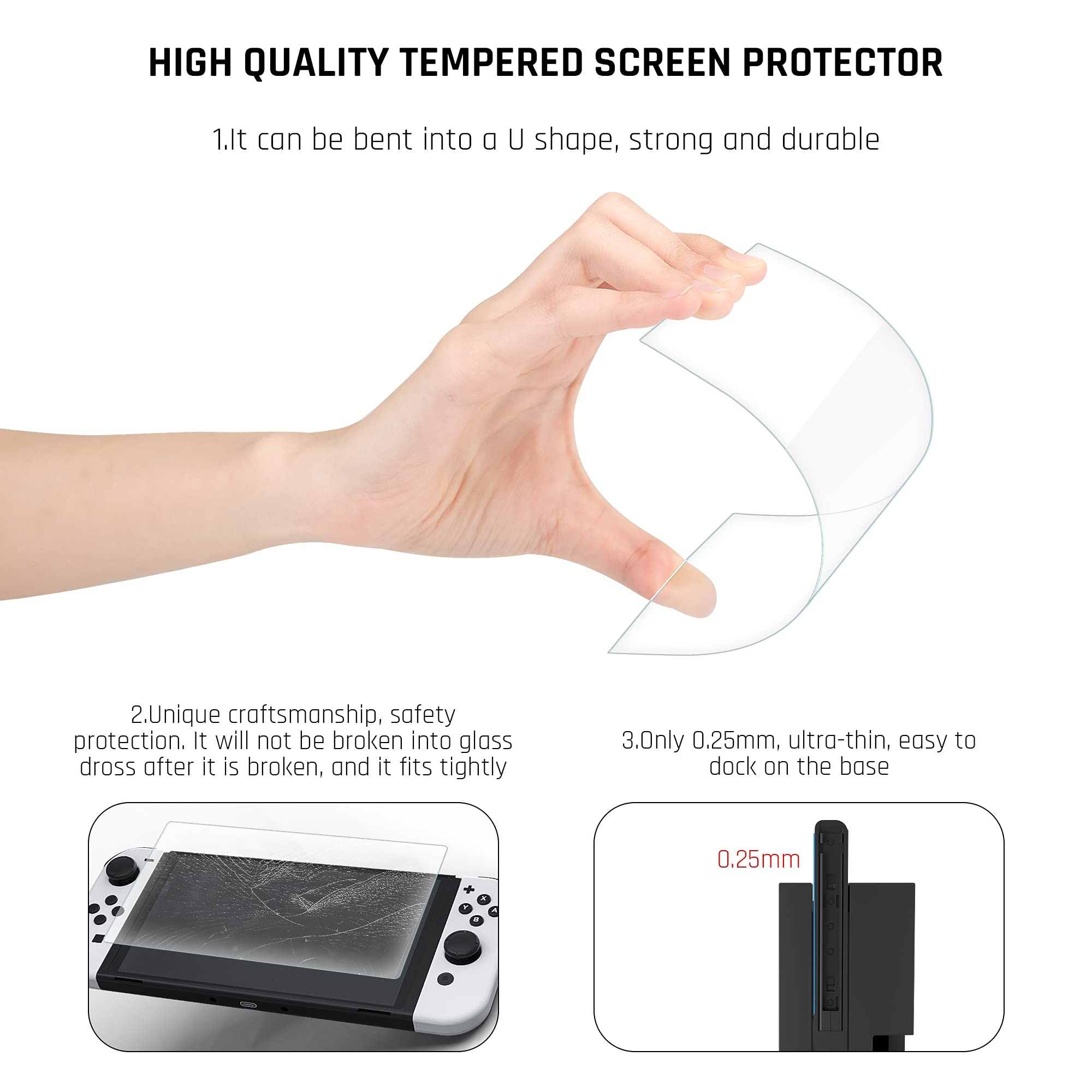 FUNDIARY Dockable Case for Nintendo Switch OLED Model 2021, Protective Cover Case for Switch OLED with Tempered Glass Screen Protector and 12 Thumb Grip Caps - Glitter Clear