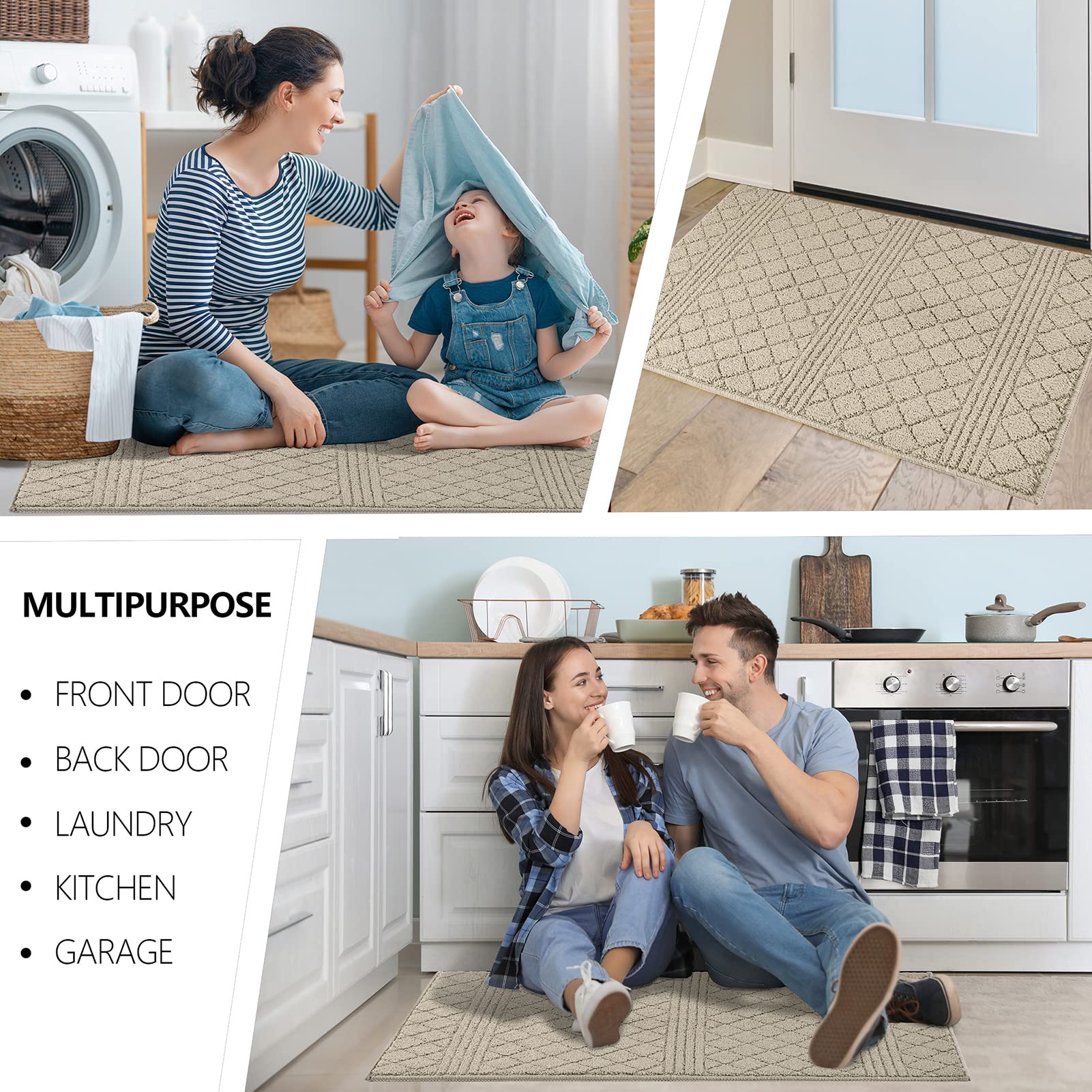 FONEYI Indoor Door Mat, Front Back Door Mat 32" x 48" Non-Slip Rubber Backing Door Rug, Machine Washable Entry Rug, Low Profile Absorbent Dirt Trapper Doormat Inside Floor Mats for Entryway, Beige