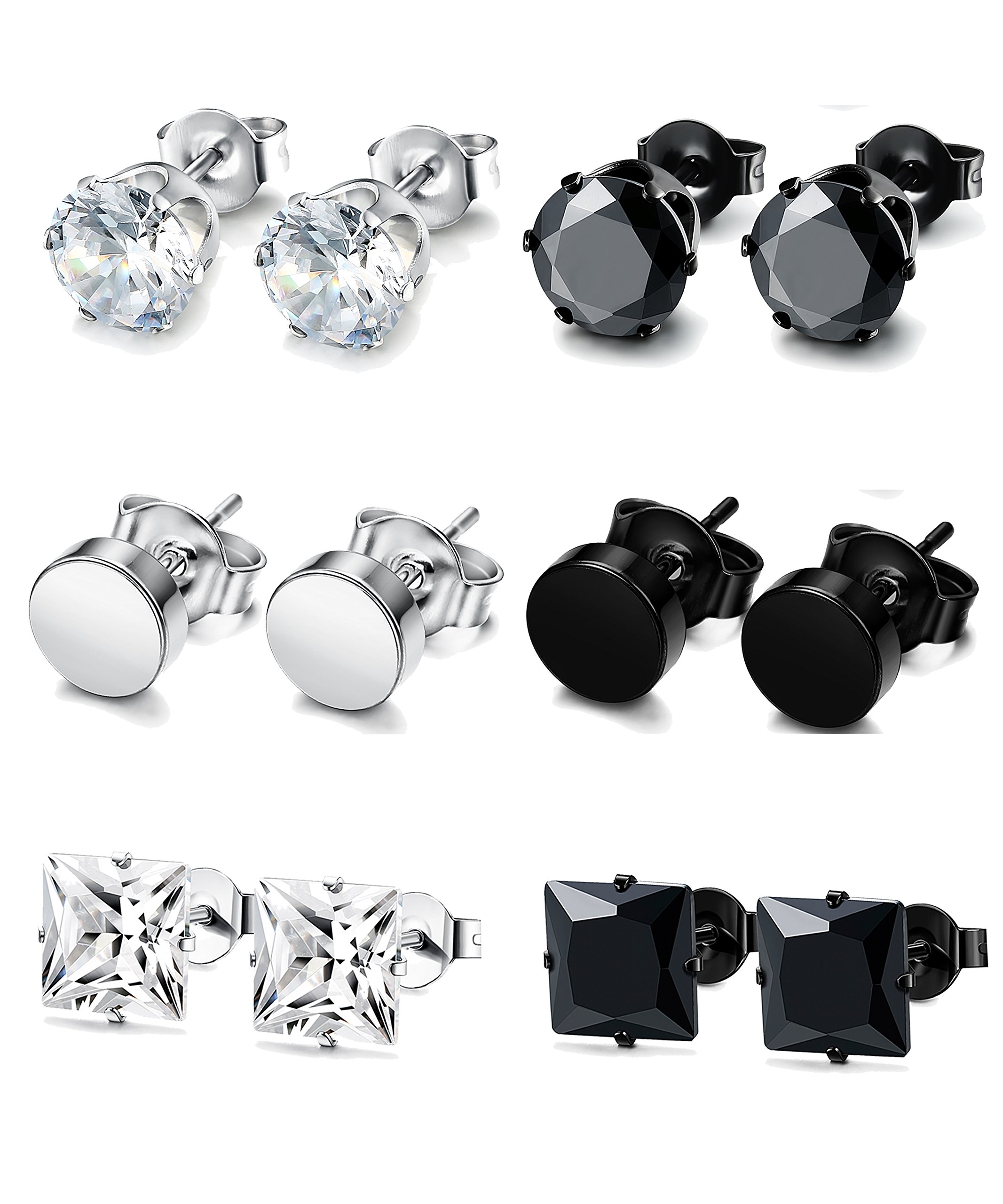 FUNRUN JEWELRY 6 Pairs Stainless Steel Stud Earrings for Men Women CZ Round Earrings Black 7mm