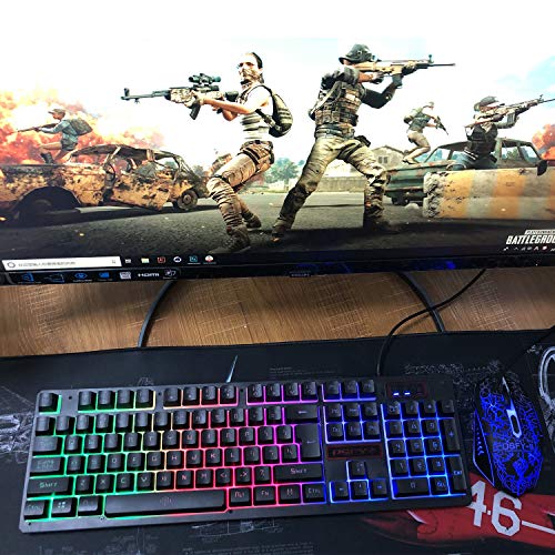 Gaming Keyboard and Mouse Headset Combo,4 in 1, USB Wired 104 Keys Rainbow Gamer Keyboard and 2400 DPI Adjust 3 Color Crack Backlight Mice 3.5 Jack Camouflage Headphones Mousepad for Office Game