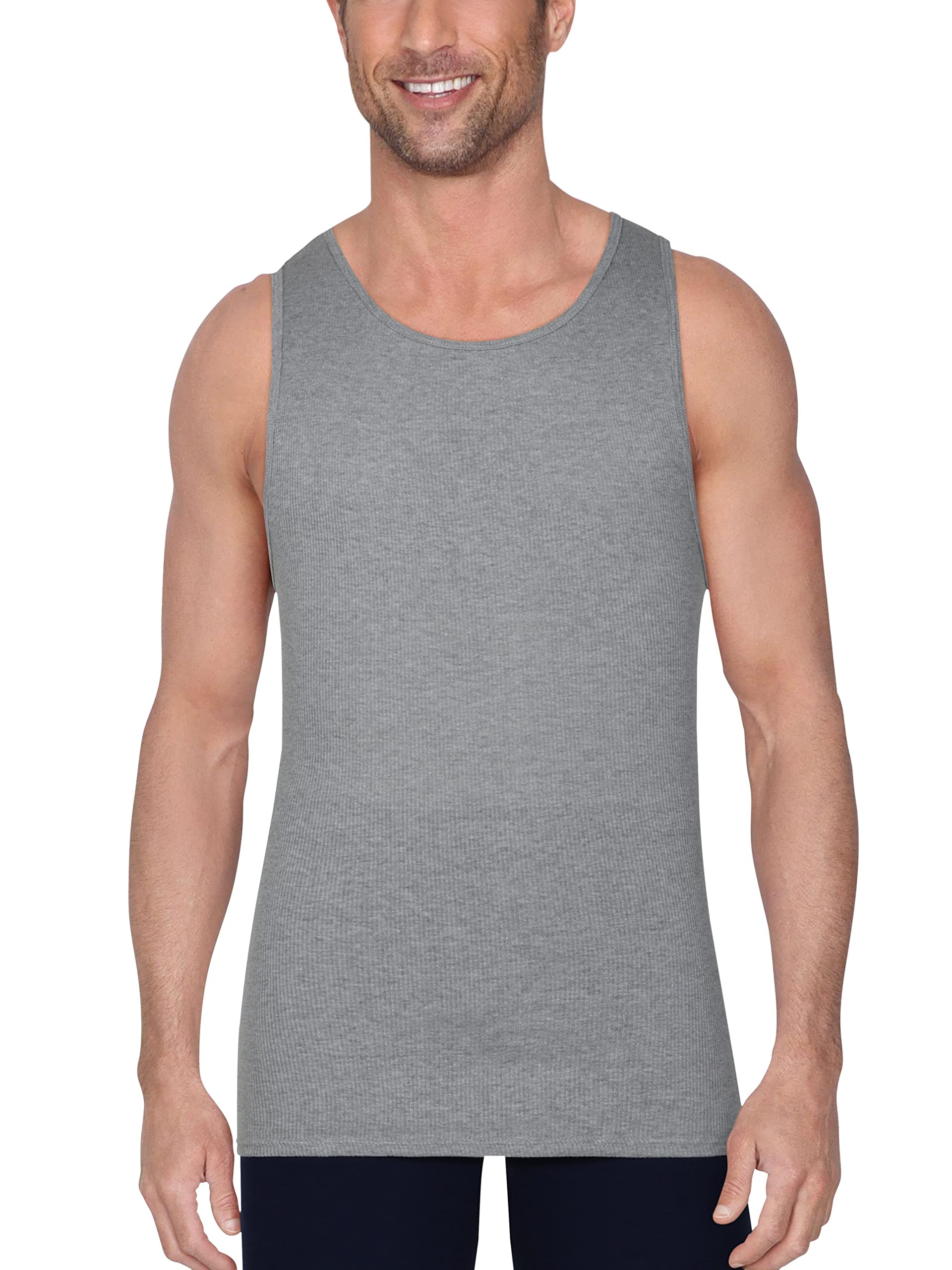 Fruit of the Loom Men's Tag-Free Cotton Undershirts, Regular-Tank-4 Pack Black/Grey, Medium