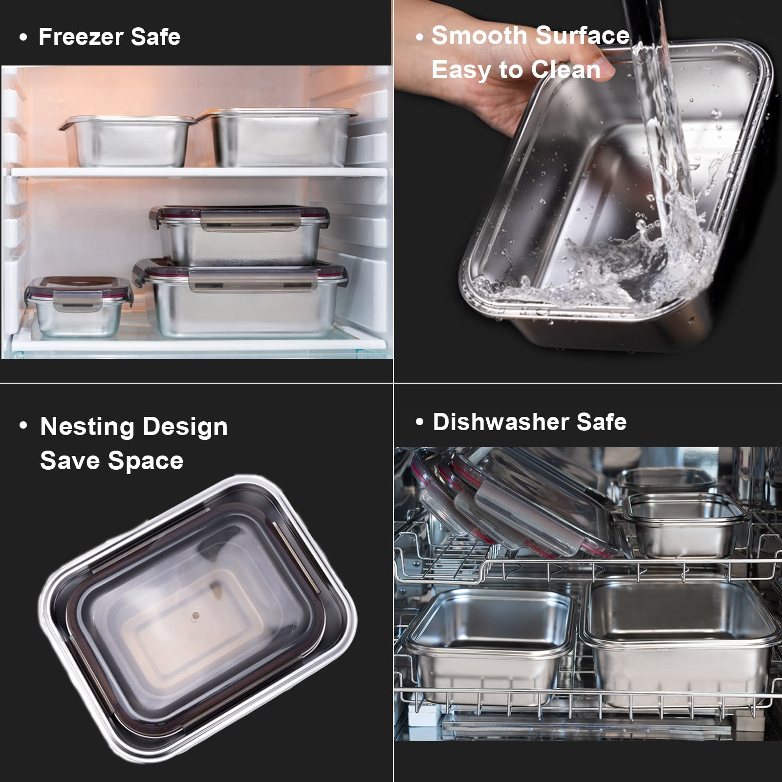 GC GENICOOK Stainless Steel Food Storage Containers, Meal Prep Lunch Bento Box - Leak-Proof and Airtight Lids, Perfect for Kitchen Freezer and Microwave Safe, Rectangular Reusable & Stackable