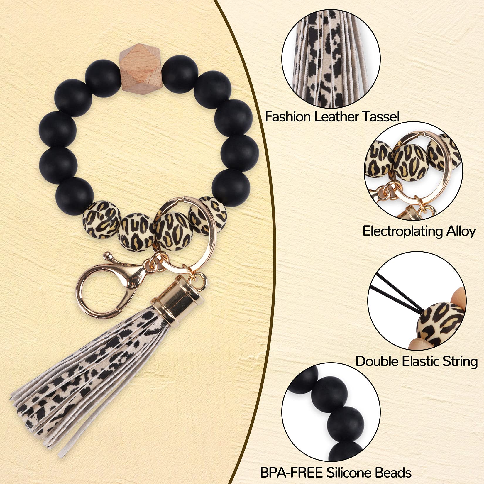 GIEMSON Silicone Key Ring Bracelets Wristlet Keychain Car Beaded Key Ring Bangle Chains for Women(Leopard)