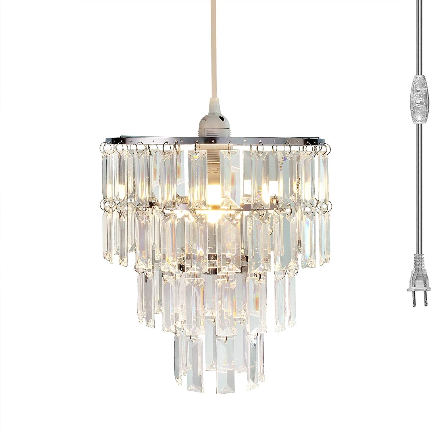 FlavorThings Plug in Modern Chandelier Faux Crystal Light Fixture Pendant,W10.25 X H11.5,with ON/Off Switch and 16.4ft Clear Hanging Cord for Bedroom Dining Room and More(1 Light Plug-in, Crystal)