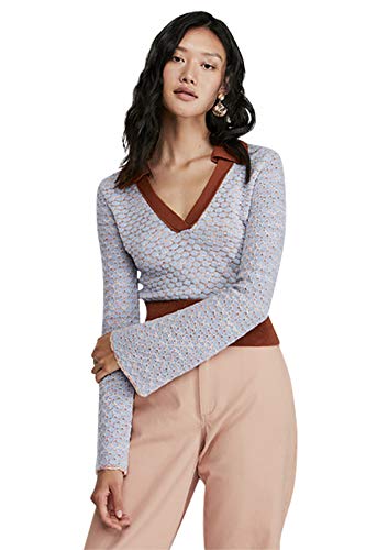 Free People Round About V-Neck Sweater (Blue, Large)