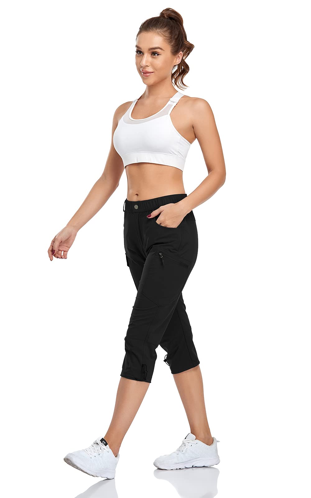 GymBrave Women's Hiking Cargo Pants Quick Dry Outdoor Camping Capris Water Resistant UPF 50 with Zipper Pockets Black