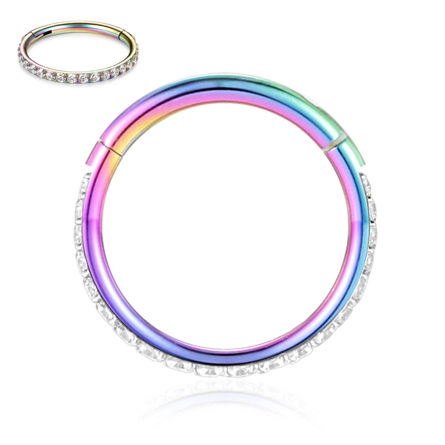 FUNLMO Septum Jewelry Nose Rings Hoop Cartilage Earring Hoop Daith Helix Rook Earrings Septum Helix Tragus Daith Piercing Jewelry Septum Nose Rings CZ 316L Surgical Steel 16G 8mm Rainbow