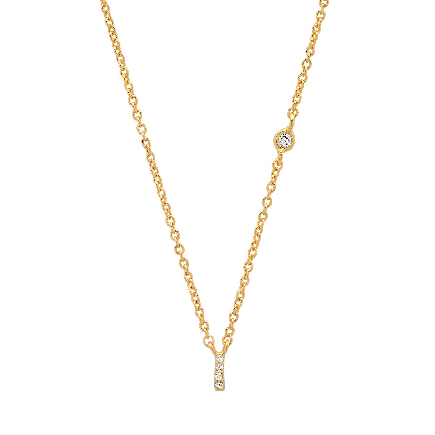 Gold-Plated Personalized Tiny Pave Initial Pendant Necklace with Single CZ Accent A-Z 26 Alphabet, 16.25-18IN