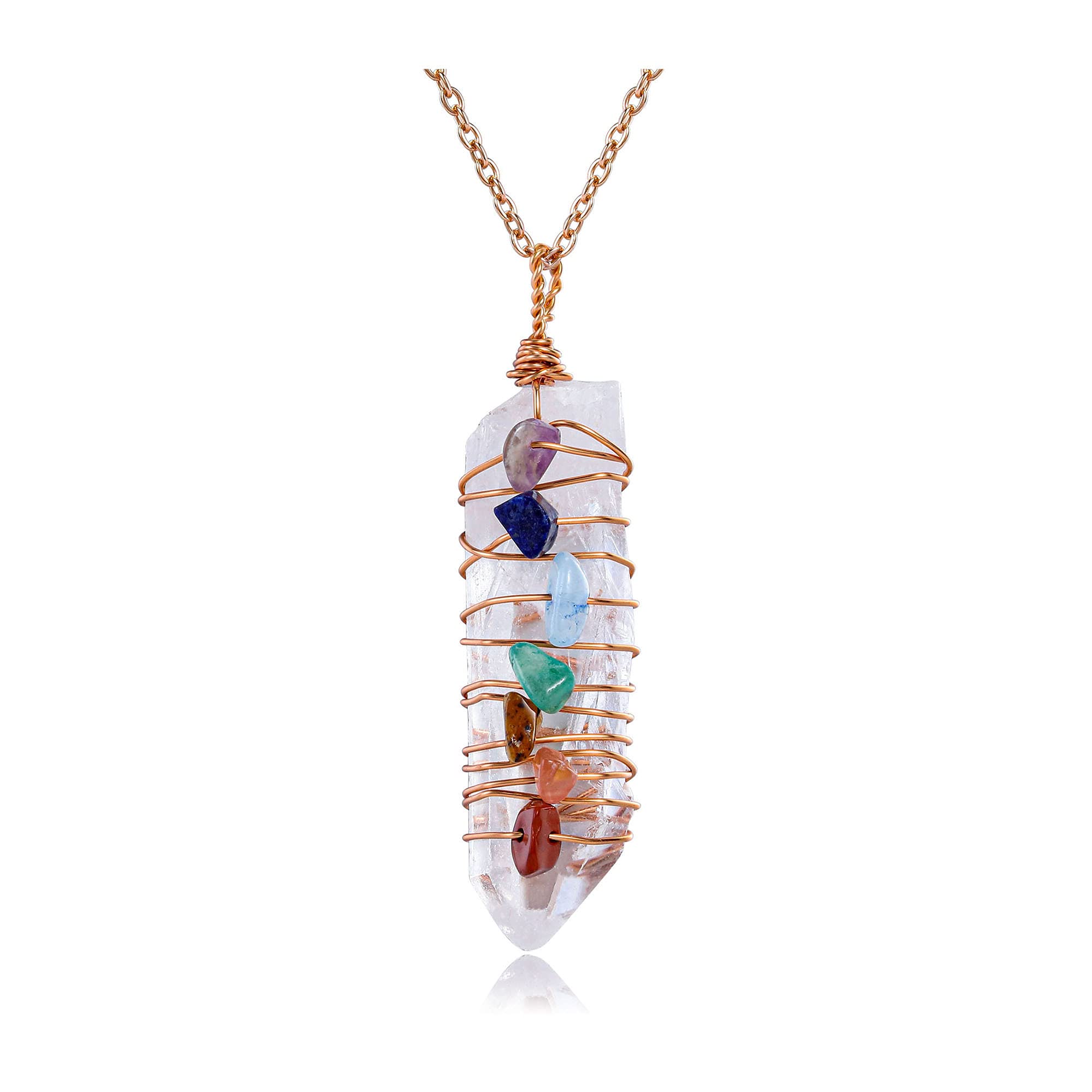 GEHECRST Natural Raw Irregular Clear Quartz Pendant Necklace Rose Gold Copper Wire Wrapped, Reiki 7 Chakra Healing Crystal Stone Chip, Handmade Women Jewelry Gift for Mom Mother’s Day Girlfriend