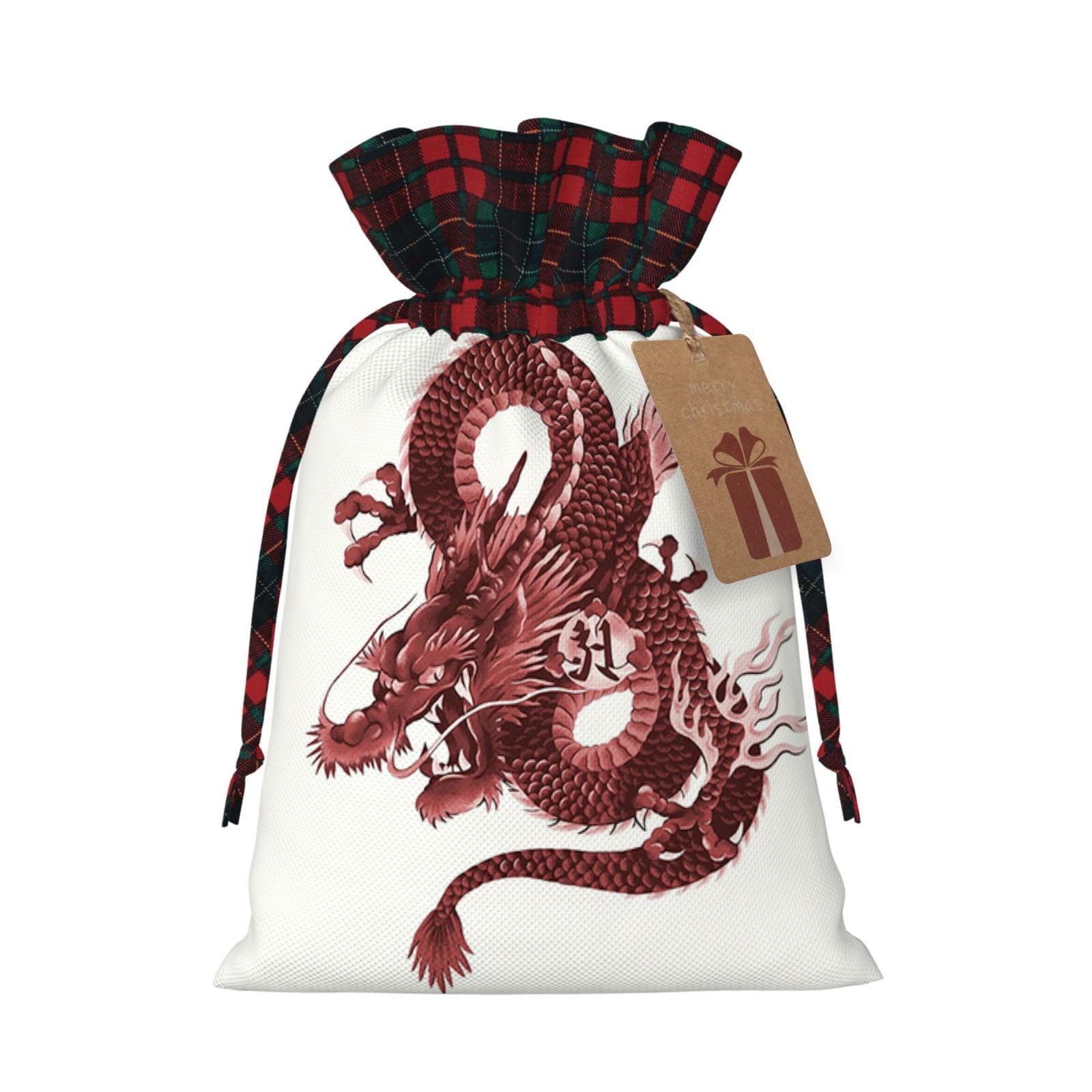 Fubido Dragon Print,Christmas Decoration Gift Candy Bag with Drawstring,Japanese Dragon Theme,Reusable Xmas Bags Holiday Wrapping Biscuit Presents,Red,M