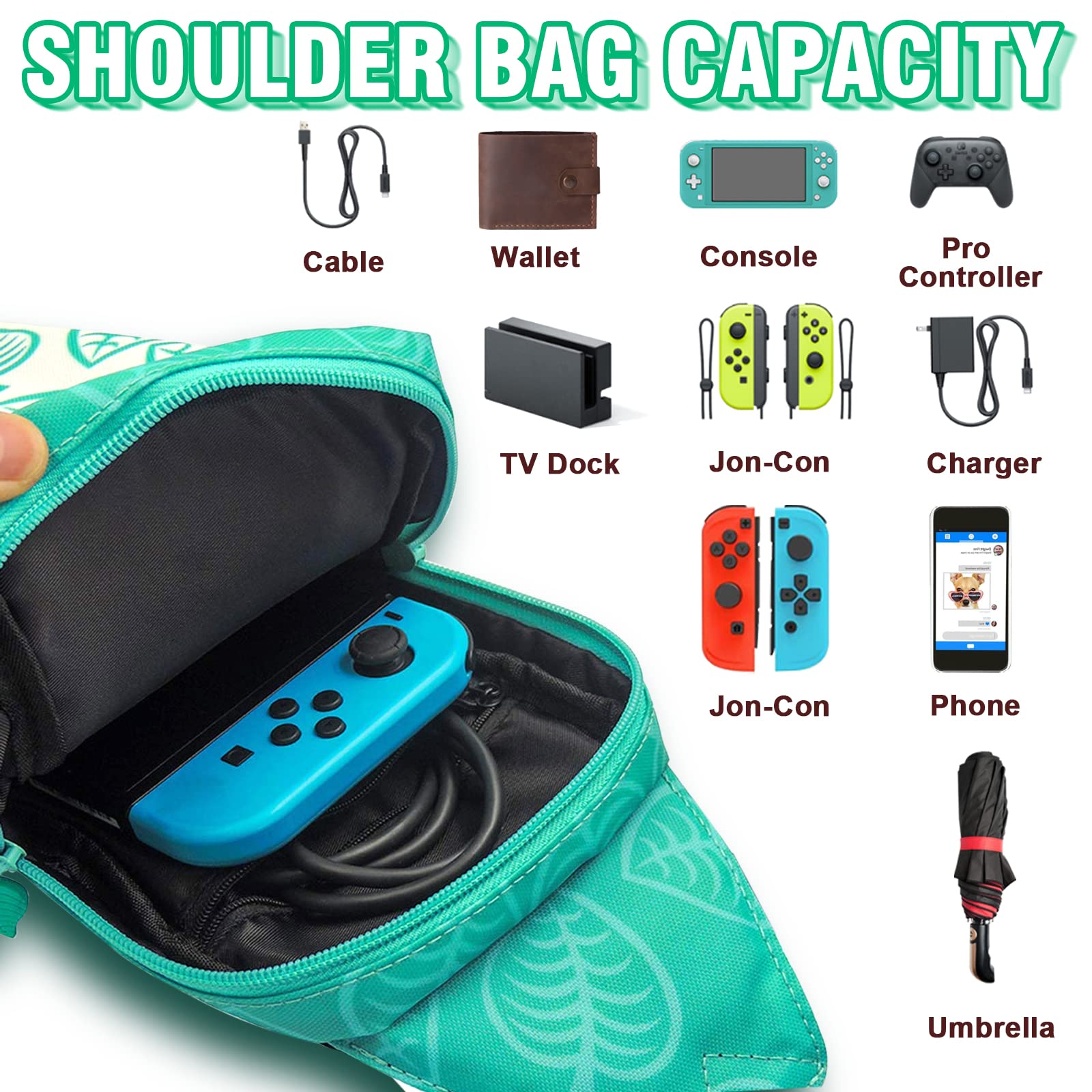 GOLDCHAMP Travel Carrying Bag for Nintendo Switch/OLED Console, Joy-Con Grip & Dock,Leaf Crossing Design Shoulder Bag Storage Case Nylon Water Resistant Portable Crossbody Bag