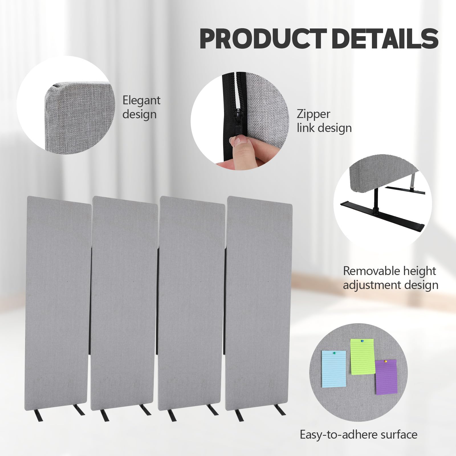 Frienda 4 Pcs Office Dividers Partition Wall Freestanding Privacy Panel 94.5 x 66 Inch Noise Divider Screen Acoustic Partition Soundproof Cubicle Wall 4 Zip Together Panels for Classroom, Grey