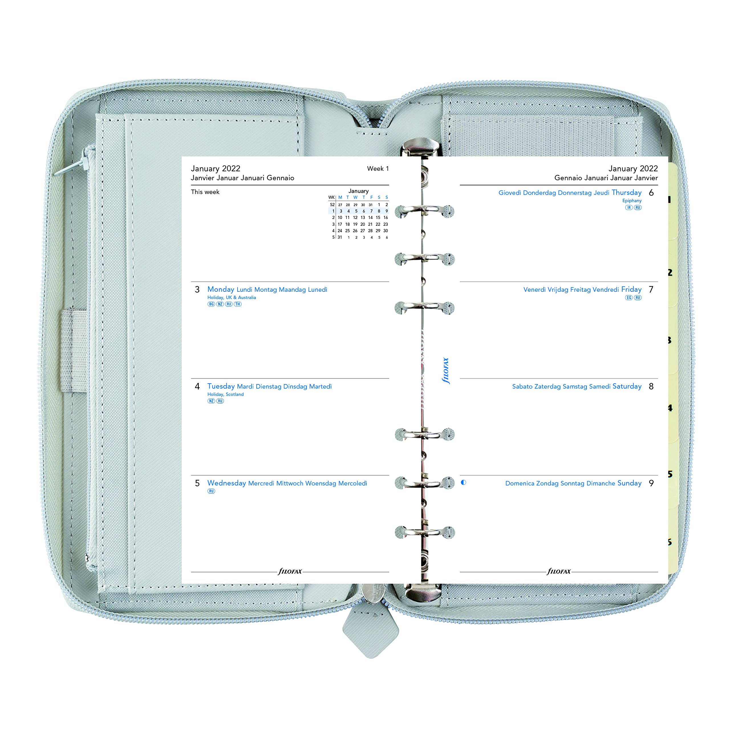 Filofax Saffiano Zip Organizer, Personal Compact Size, Granite - Cross-Grain, Leather-Look, Six Rings, Week-to-View Calendar Diary, Multilingual, 2022 (C028808-22)