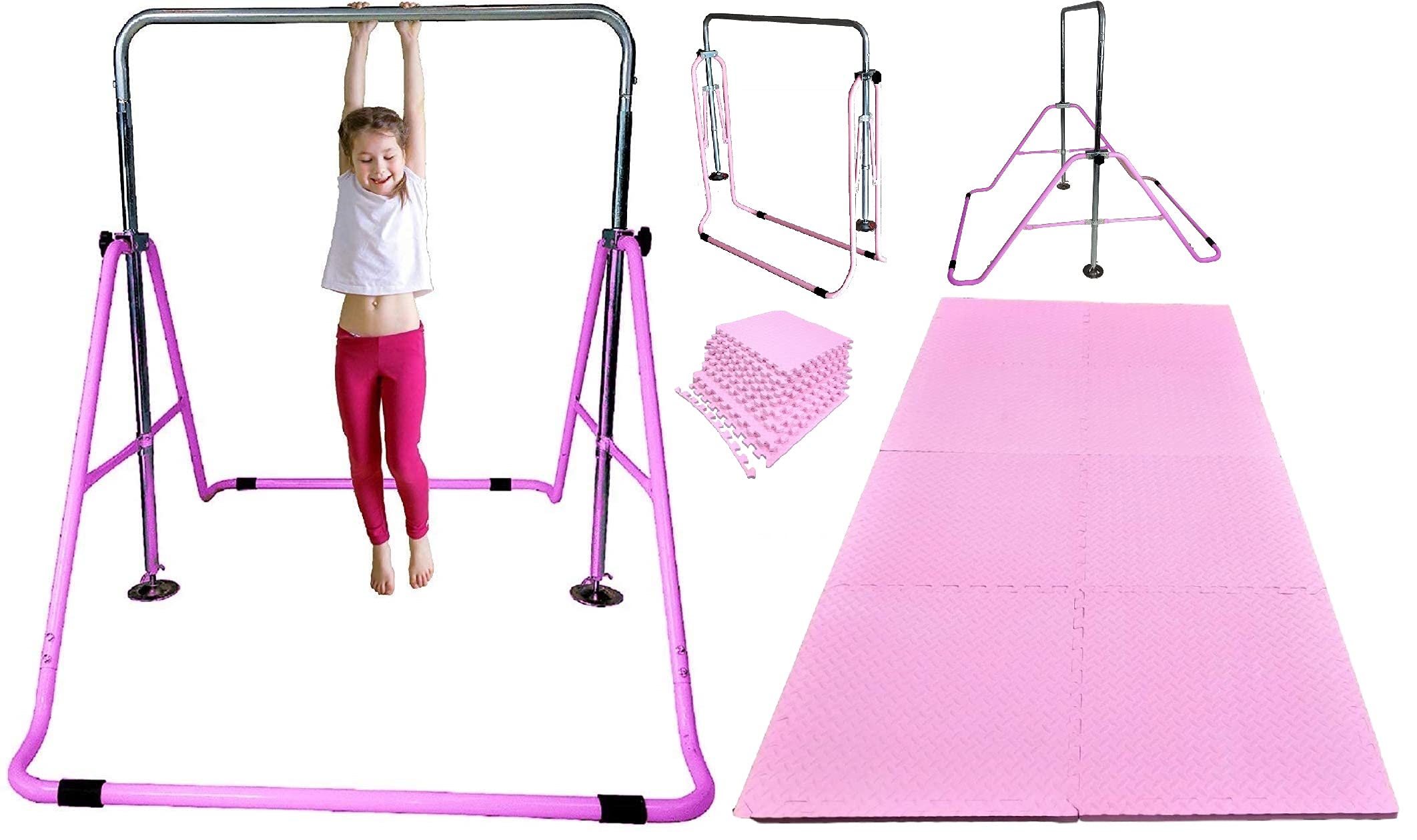 Gymnastics Bar for Kids Horizontal Kip Bar Jungle Gym with 8'x'4 EVA Puzzle Mat, Junior Training Monkey Bars Home Gym Adjustable Height Expandable Junior Training Bar Indoor Foldable (Pink)