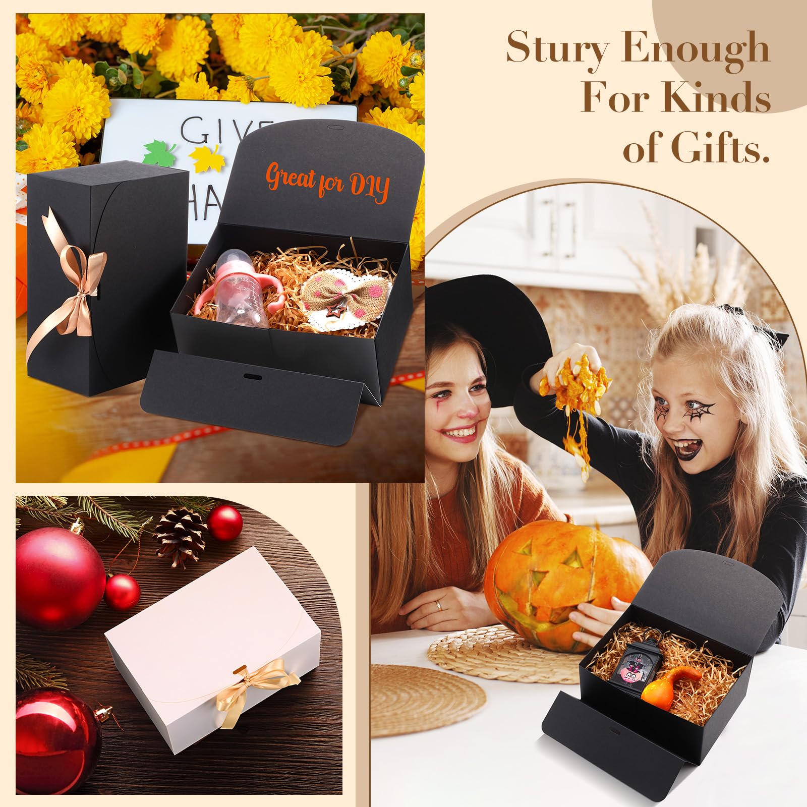Fulmoon 36 Pack Black Gift Boxes with Lids, 9 x 6 x 4 Inch Bridesmaid Proposal Box with Gold Ribbon, Gift Wrap Boxes, Kraft Paper Gift Boxes for Packaging Wedding Halloween Christmas Birthday Party