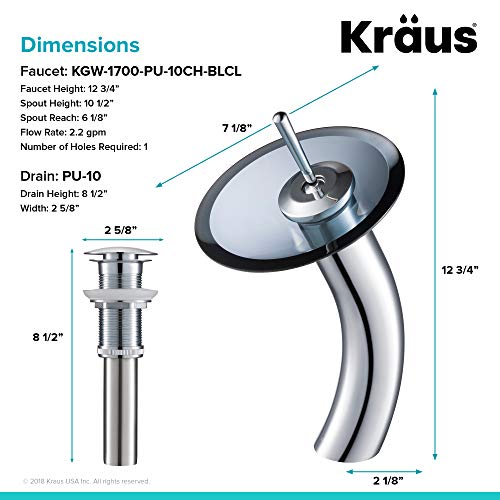 Single Lever Vessel Glass Waterfall Bathroom Faucet Chrome with Black Clear Glass Disk and Matching Pop Up Drain