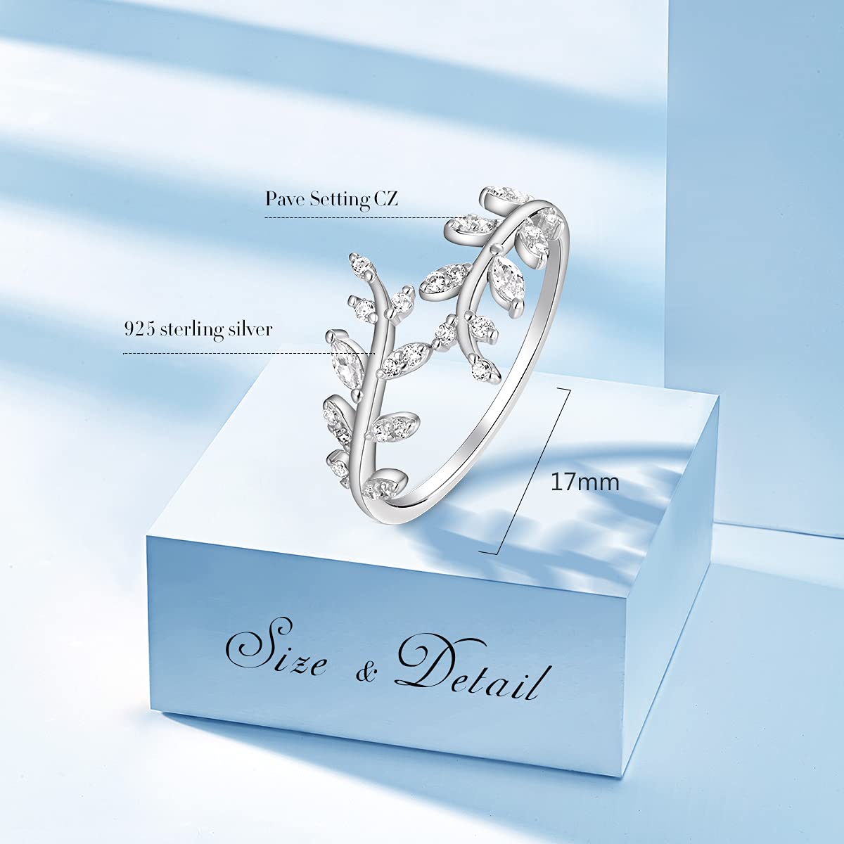 FOREVER QUEEN Olive Leaf Ring Adjustable Open Band Ring 925 Sterling Silver Ring Fashion Rings for Women Wedding Engagement Anniversary