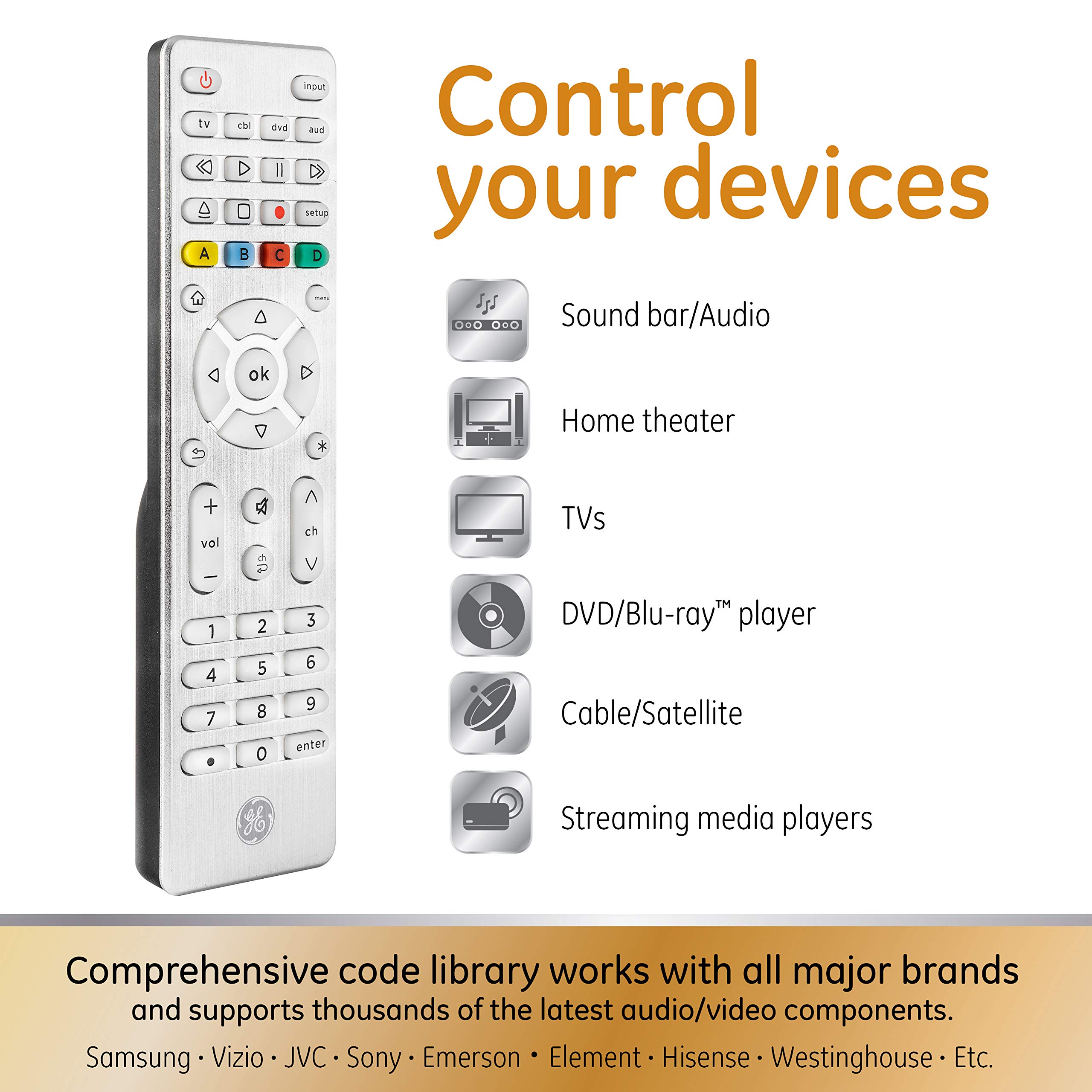 GE Backlit Buttons Universal Remote Control, Samsung TV Remote Control Replacement, Samsung Remote Control for Smart TV, Roku Remote Replacement, Vizio, LG TV, Sony, Apple TV, 4-Device, Silver, 48844