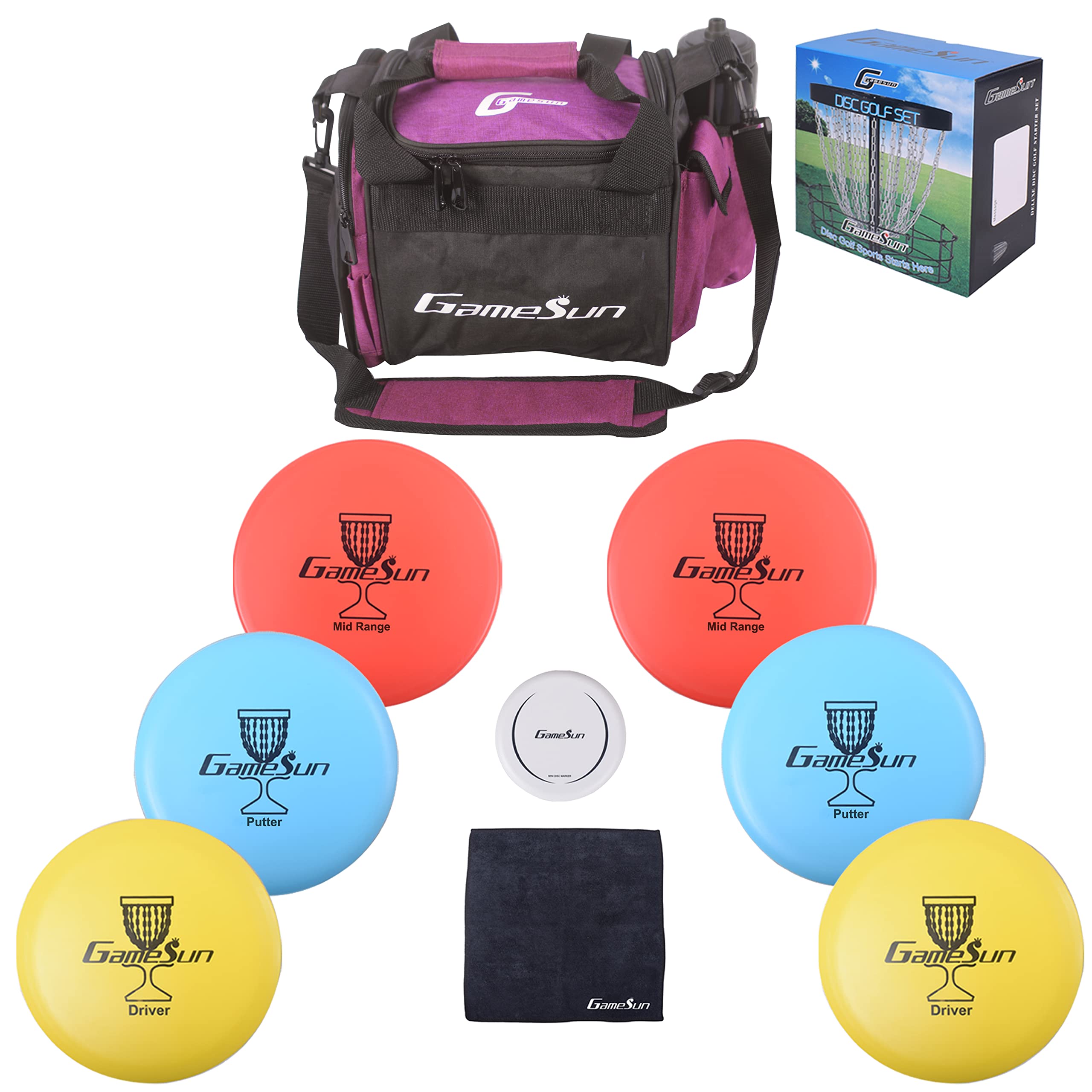 GAMESUN Disc Golf Starter Set,Disc Golf Set with 6 Discs, 1 Marker,1 Towel and Starter Disc Golf Bag Fairway Driver GS-D04N-PK
