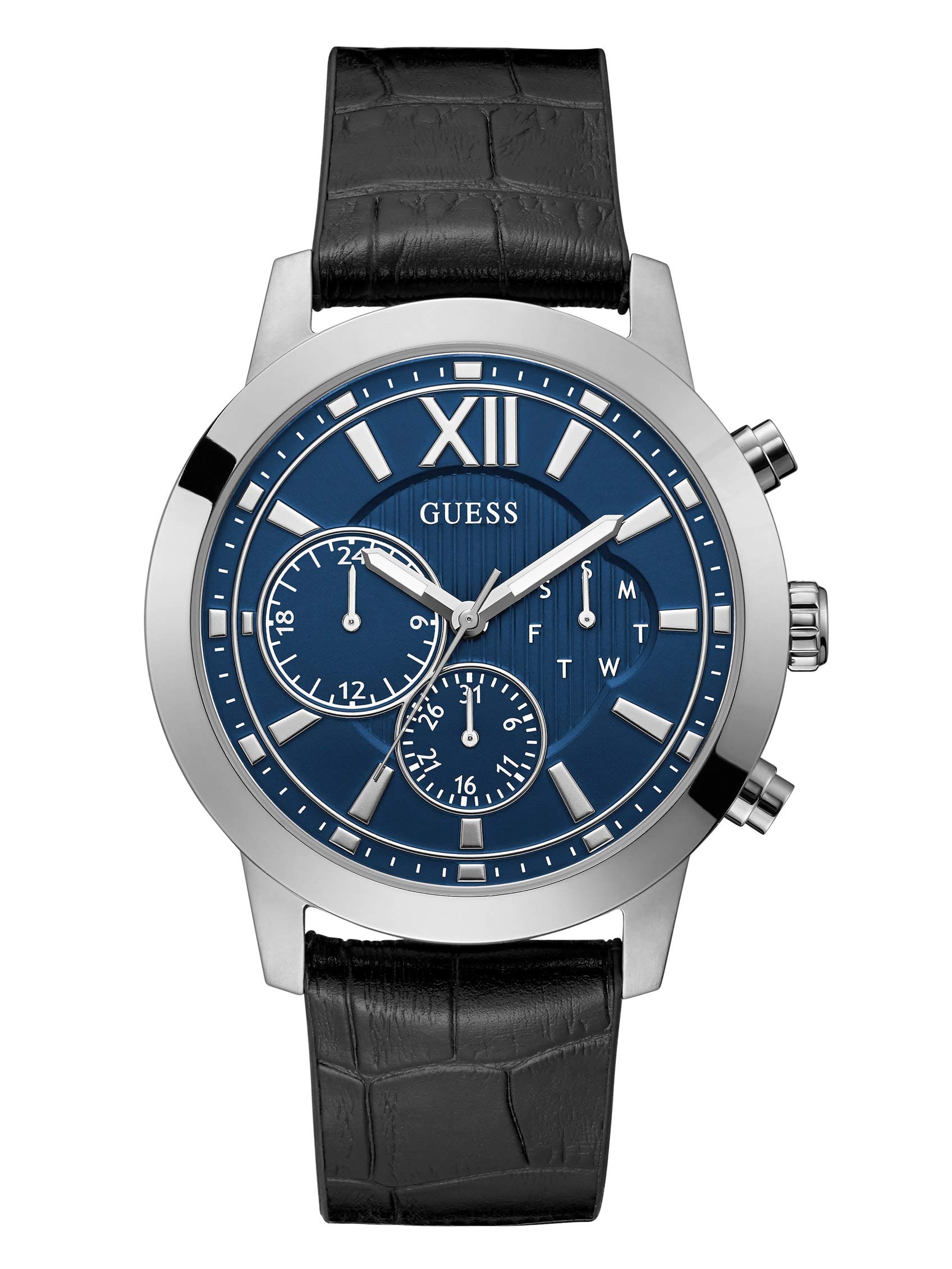 GUESS Silver-Tone and Black Croc Watch