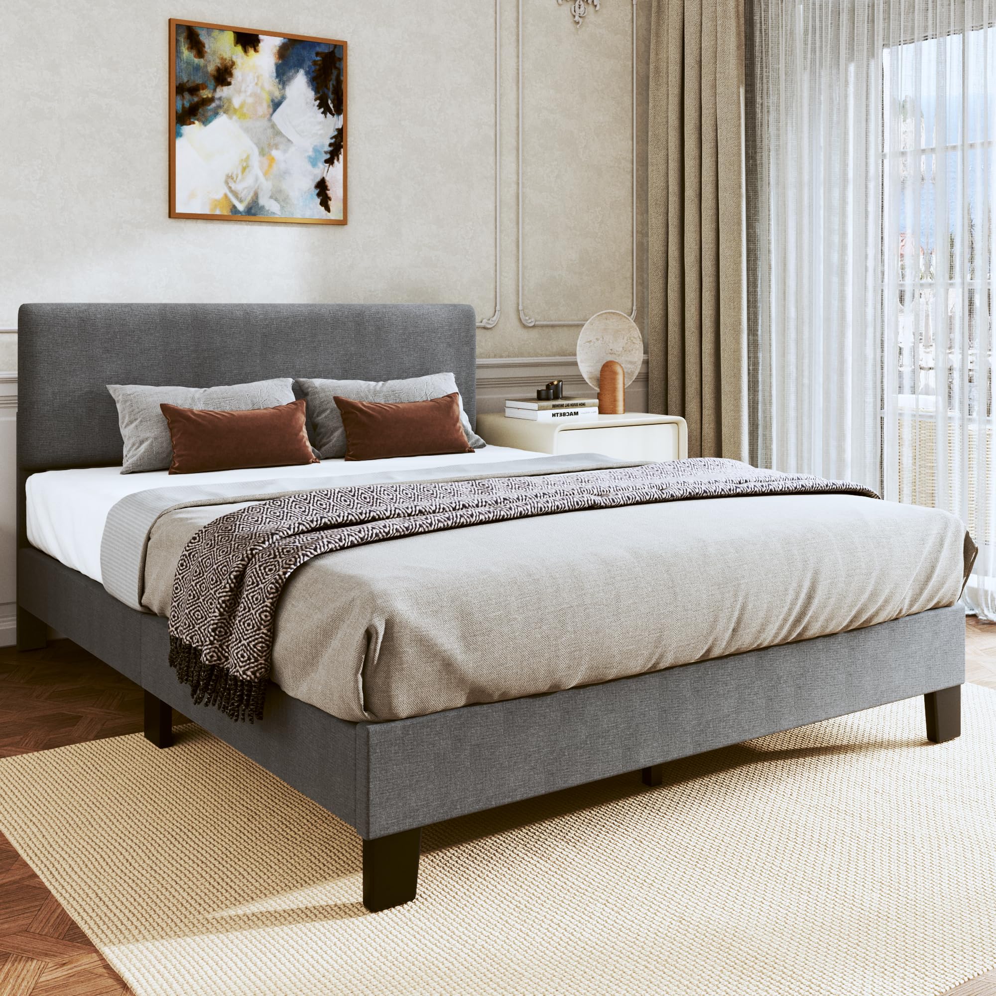Fluest King Bed Frame with Adjustable Headboard Upholstered Bed Frame Platform Linen Fabric Headboard Wooden Slats Support/No Box Spring Needed/Easy Assembly/Mattress Foundation, Grey