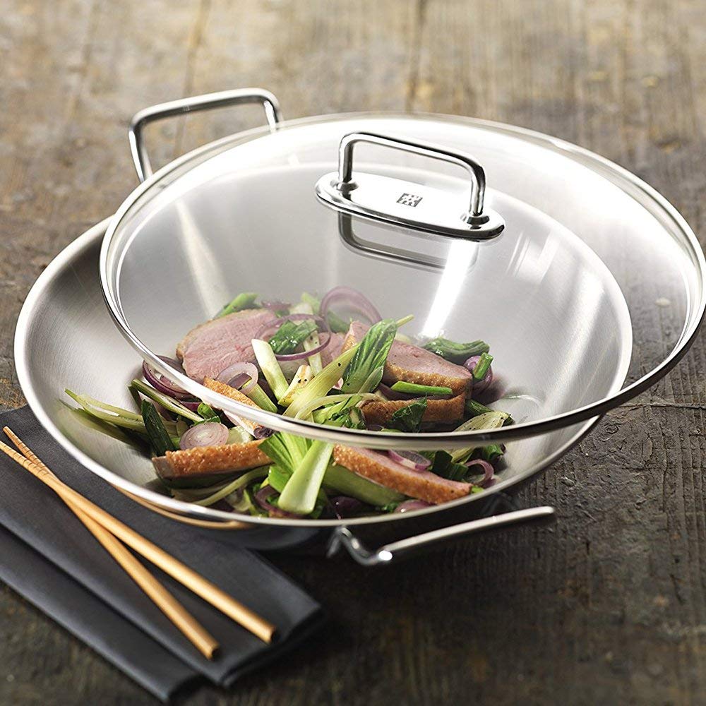 ZWILLING Wok, Glass Lid and Removable Grid Insert, Incl. Long Handle, Suitable for Induction, Stainless Steel, Plus,Silver, Ø 32 cm