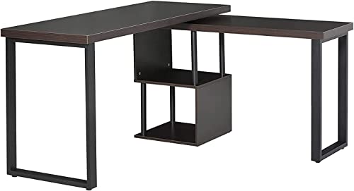 Royal Wood 55" 360° Rotating L-Shaped Home Office Computer Desk, Rotating Corner Desk with Storage Shelves, Left or Right Side Combo Table, Study Writing Desk Two Workstations,Espresso