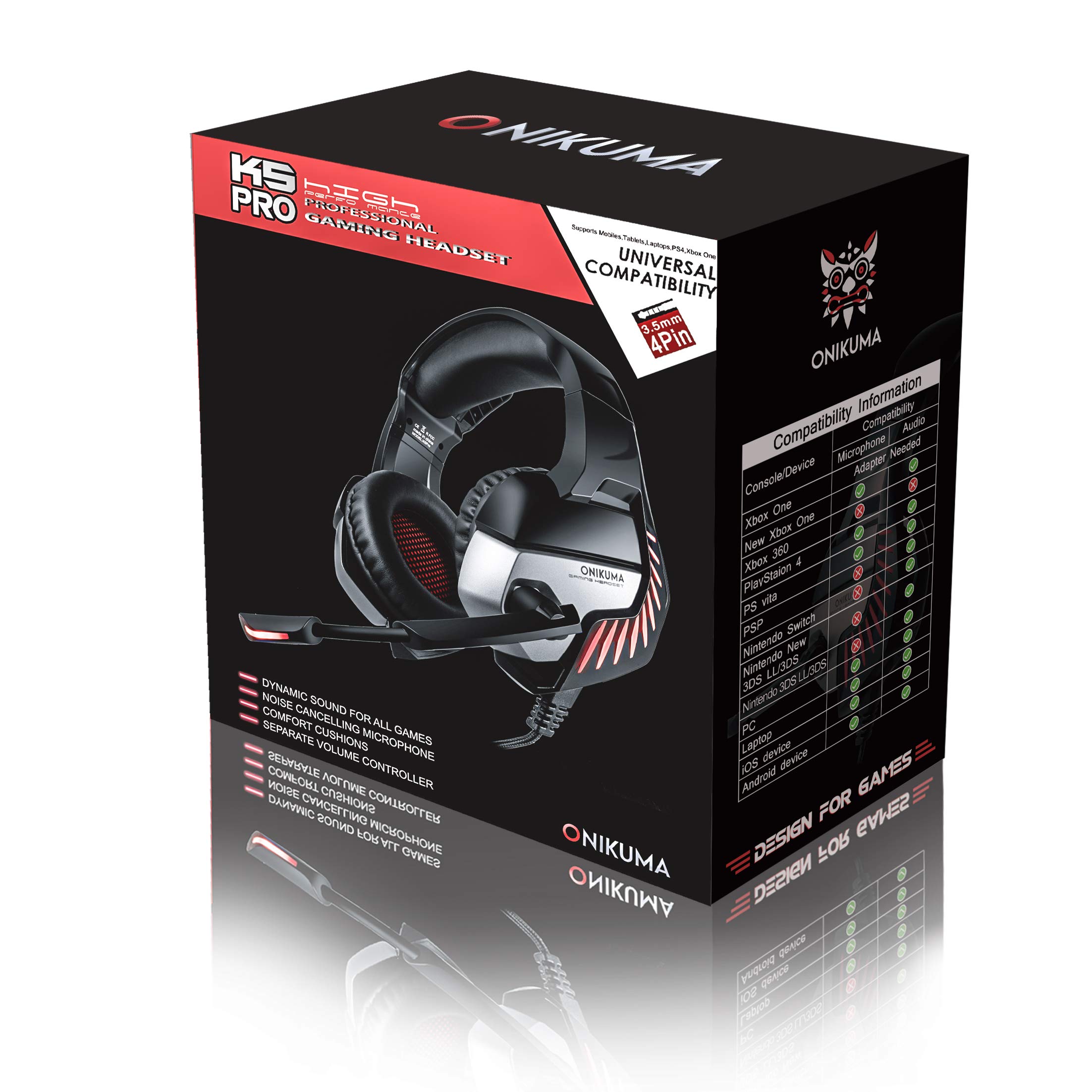 Gaming Headset for PS4, PS5, PC Headphones with Microphone LED Light Mic for Nintendo Switch Playstation Computer, K5 pro (Black&Red)