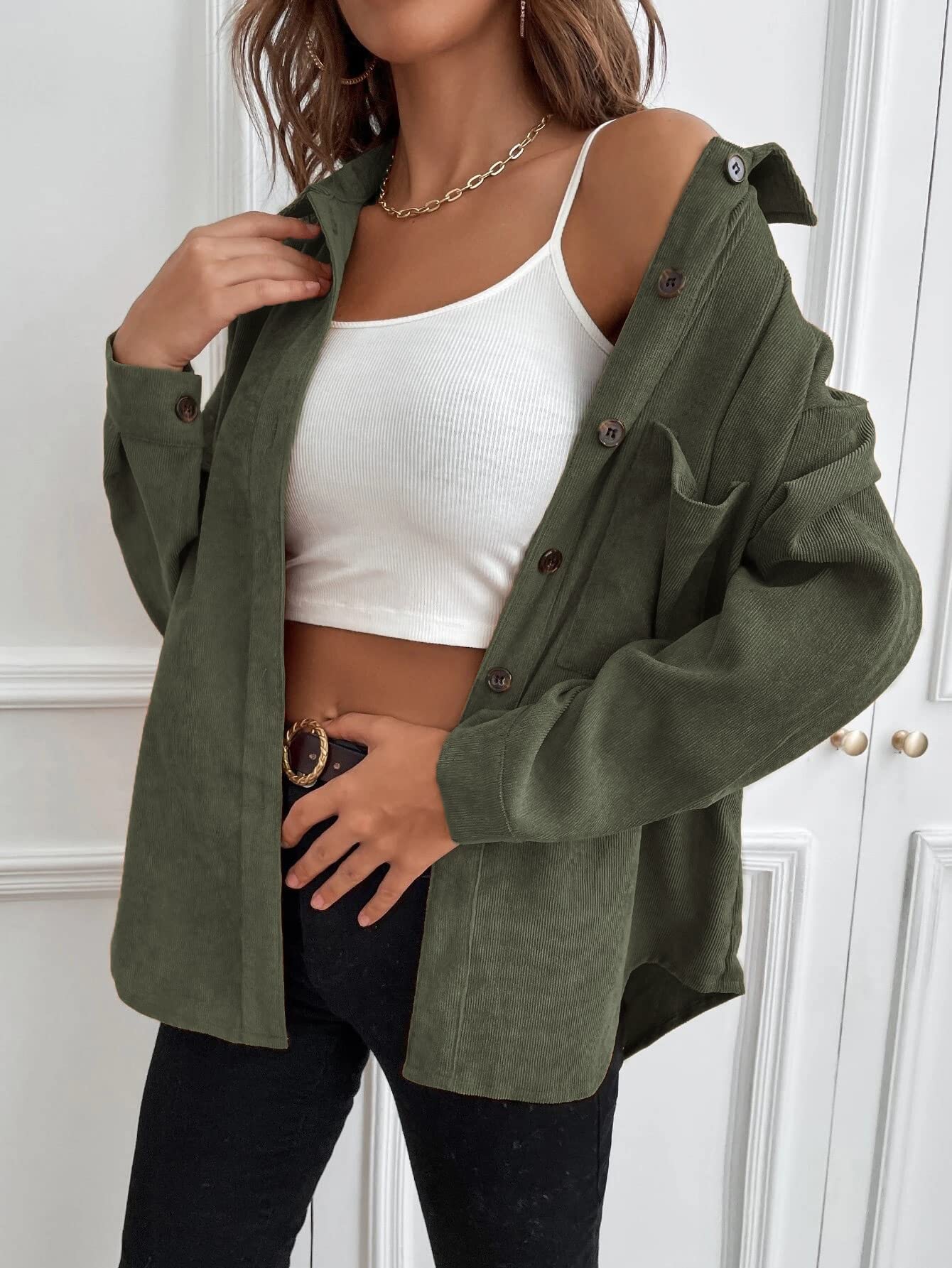 Floerns Women's Casual Long Sleeve Button Down Corduroy Shirt Blouse Top Army Green