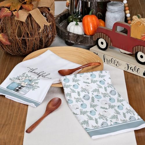 GEEORY Fall Kitchen Dish Towels Set of 2 for Fall Decor,Hello Pumpkin Blue Buffalo Plaid Printed Pumpkin 18x26 Inch Drying Dishcloth,Farmhouse Home Decoration GD118