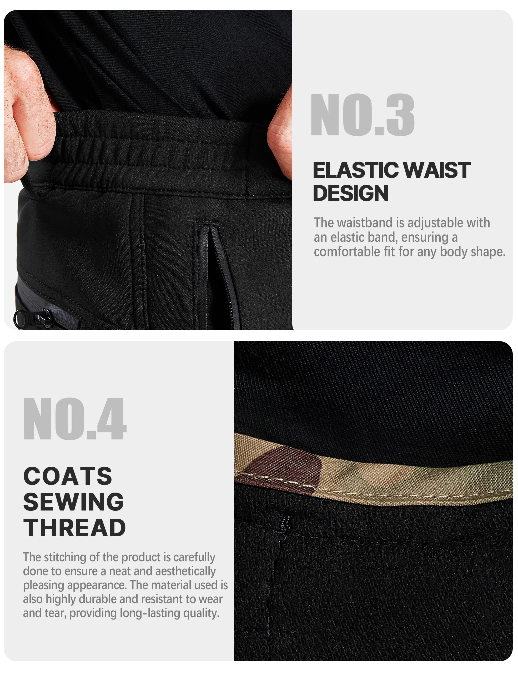 FREE SOLDIER Men's Outdoor Softshell Fleece Lined Cargo Pants Snow Ski Hiking Pants with Belt (Black 32W/32L)