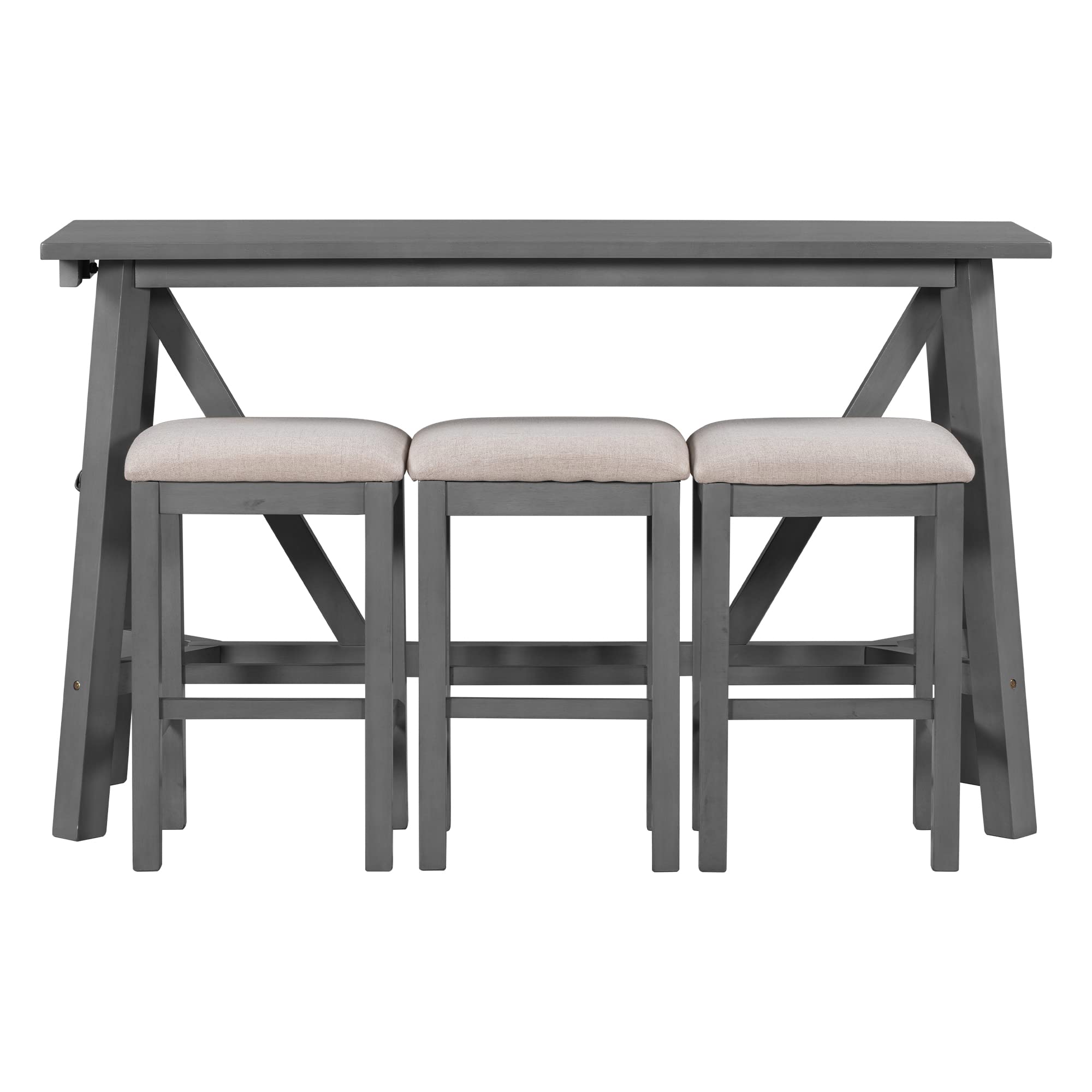 Goozio Multipurpose 4-Piece USB Port and 3 Upholstered Stools w/Footrest,Rustic Wooden Bar Chairs, Living Room, Restaurant, Small Space Dining Table Set,Gray, Onesize