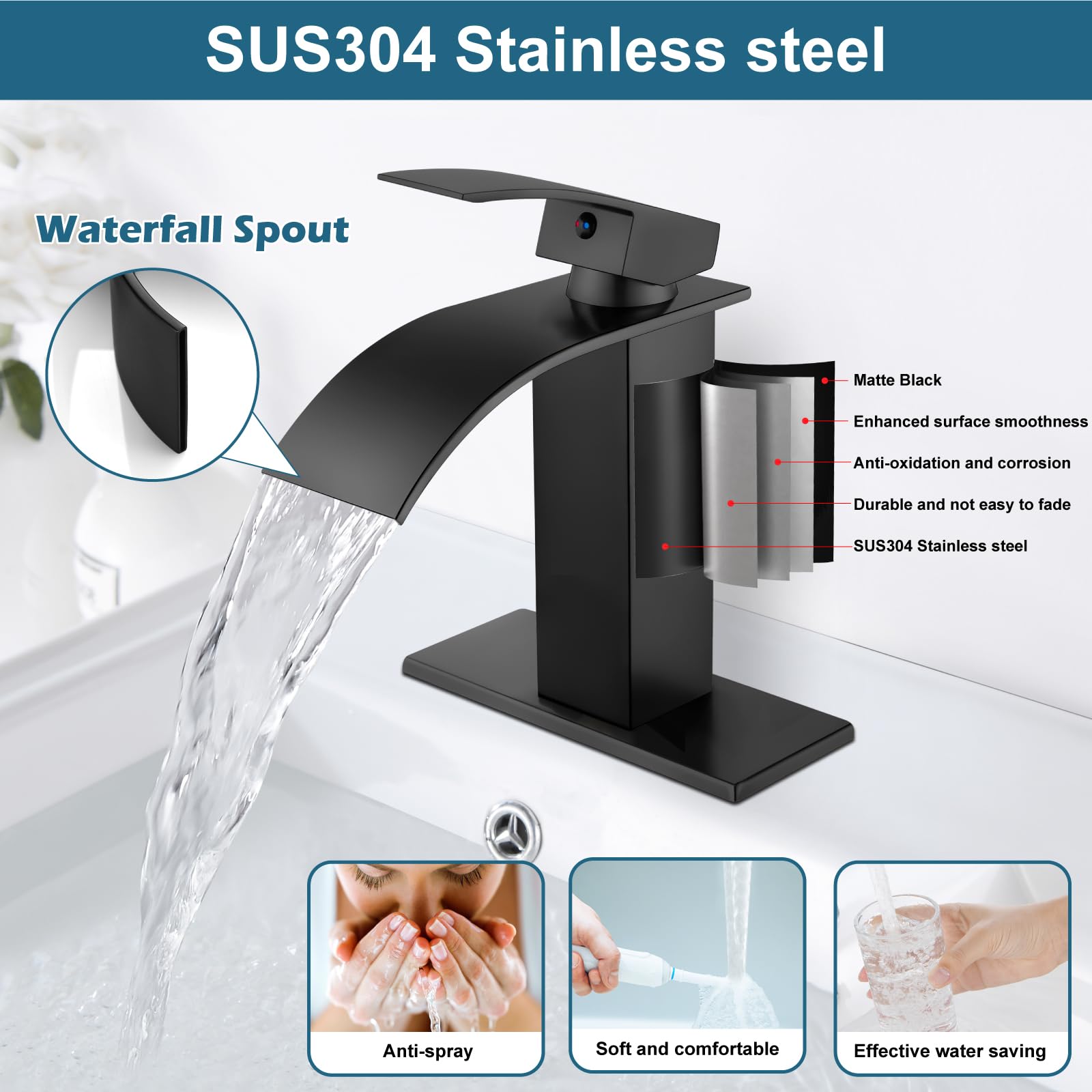 Midanya Matte Black Bathroom Sink Faucet Waterfall Spout Single Handle 1 Hole Deck Mount Mixer Tap Lavatory Vanity Sink Faucet Commercial with Deck Plate and Pop Up Drain