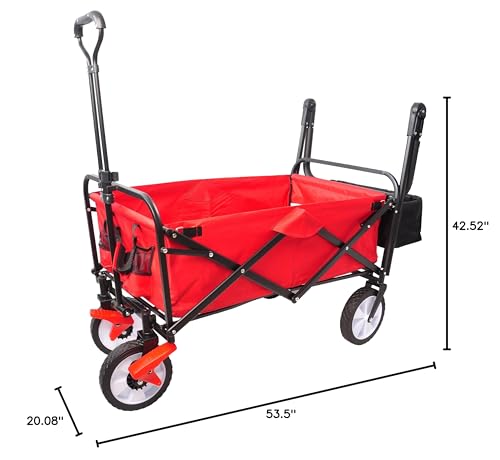 Folding Wagon Collapsible Outdoor Utility Wagon, Heavy Duty Folding Garden Portable Hand Cart, Drink Holder, Adjustable Handles