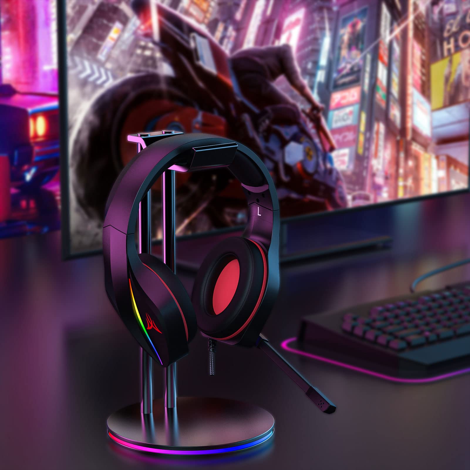 Gaming Headset for Ps4 PC Xbox one Ps5 Controller, Professional Gaming Headset with Noise Cancelling Mic and RGB Light, Spatial Surround Sound, Headset with High Protein Memory Foam Earpads and Mic