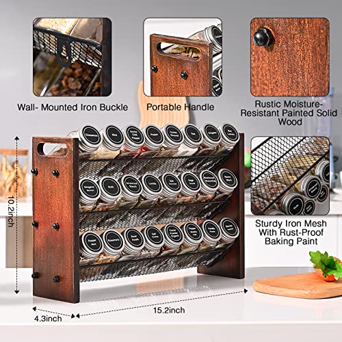 Roykoota Spice Rack, Spice Rack Organizer without Seasoning Jars, Wooden Spice Organizer, Rustic 3 Tier Kitchen Spice Rack Shelf for Cabinet, Countertop or Wall Mount