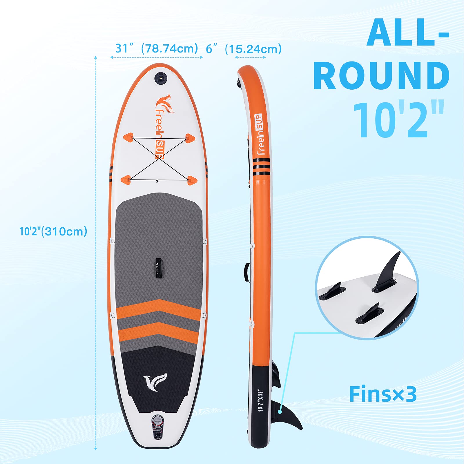 Freein All Round SUP Inflatable Stand Up Paddle Board 10’2 Long Package Orange with Electric Pump Adapter