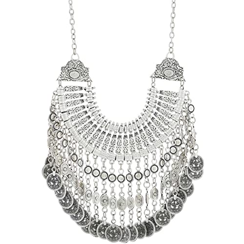 Flatser Boho Chunky Necklaces Silver Coin Collar Choker Tassel Statement Chain Prom Party for Women and Girls