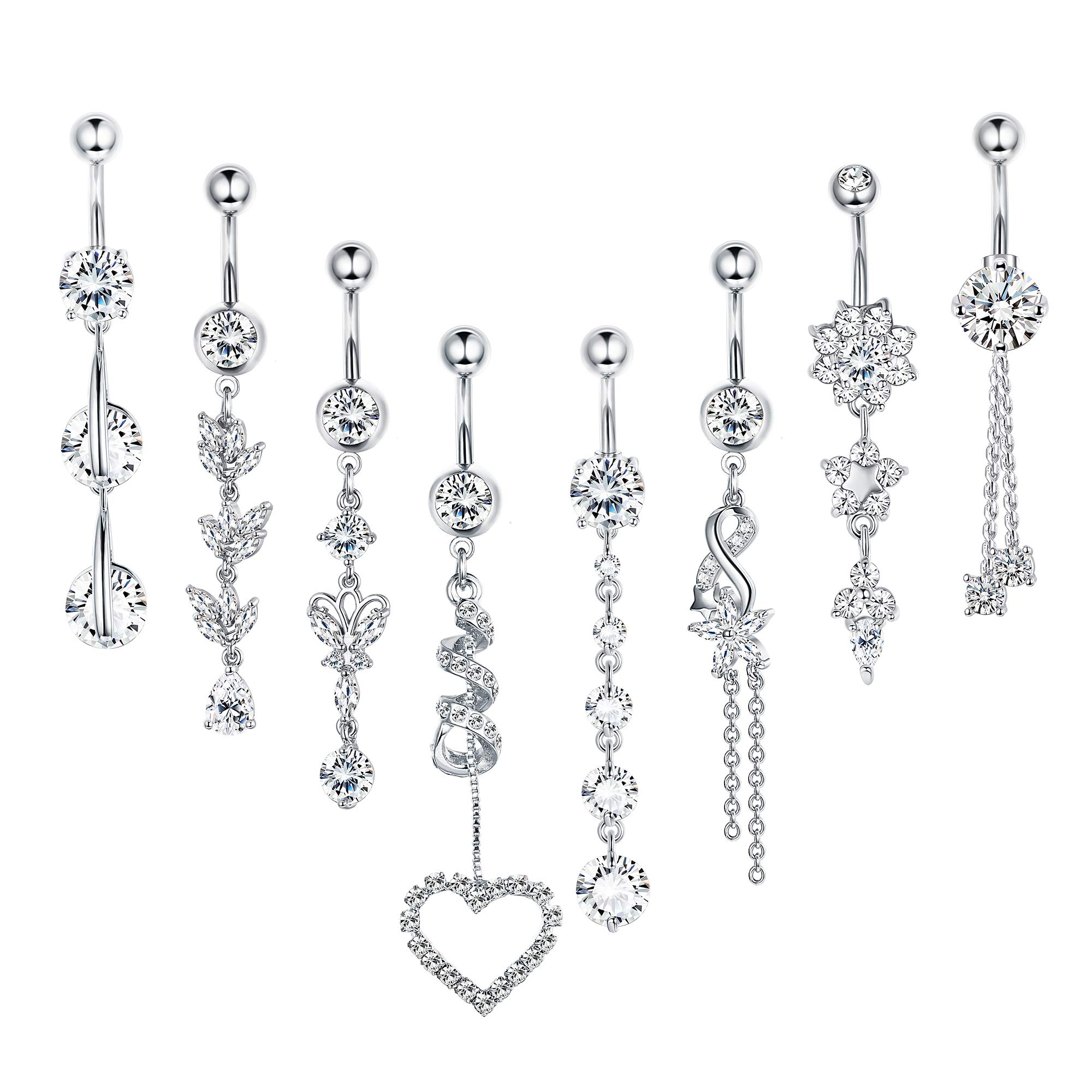 FUNRUN JEWELRY 8PCS 14 G Stainless Steel Dangle Belly Button Ring Navel Piercing Clear CZ Inlay Body Piercing Jewelry Barbell Silver Tone