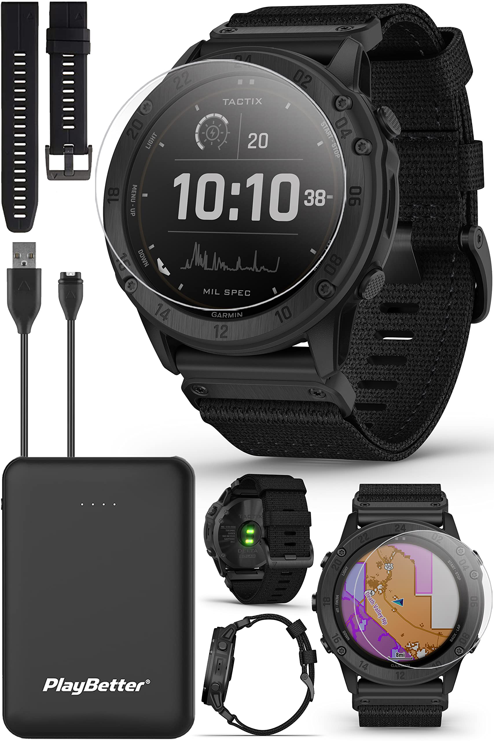 Garmin tactix Delta Solar GPS Tactical Watch - Men's Rugged Military Watch with Stealth Mode, Night Vision, Compass - Power Bundle Portable Charger & tactix Screen Protectors