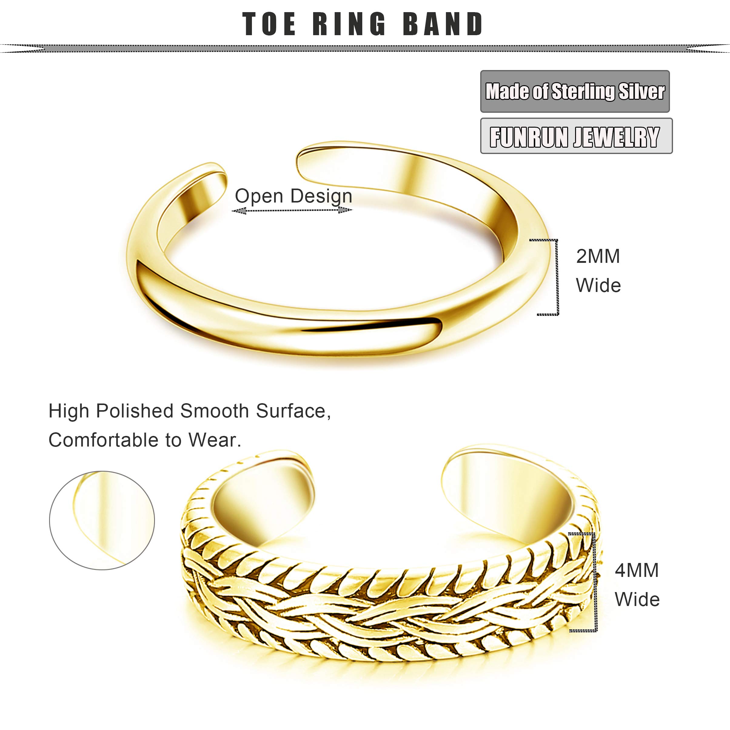 FUNRUN JEWELRY 2 PCS Sterling Silver Toe Ring for Women Girls Retro Vintage Design Adjustable Ring Set (B:18K Gold Plated)