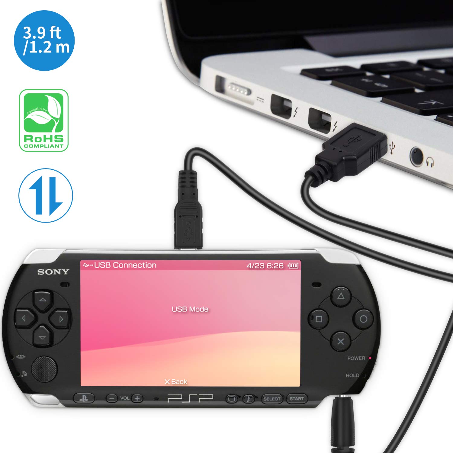 Funturbo PSP Charger Cable, PlayStation Portable Charger PSP Power Cord for Charging Sony PSP 1000 2000 3000 USB Data Cable & Charging Cord 2-in-1 (2 Pack)