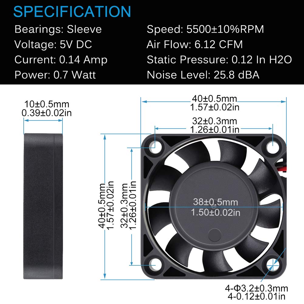 GDSTME 40mm USB Fan for VR Gear, Aquarium, Roku, Router, Raspberry Pi, Cosplay, Helmet Cooling Ventilation